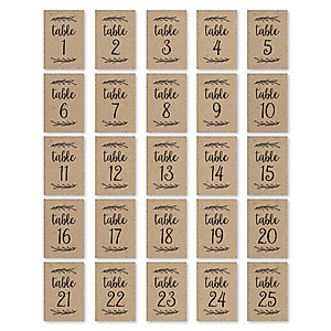1-25 Rustic Kraft Table Number Double Sided Signs For Wedding Reception, Restaurant, Birthday Party Event Calligraphy Printed Numbered Card Centerpiece Decoration Setting Reusable Frame Stand 4x6 Size