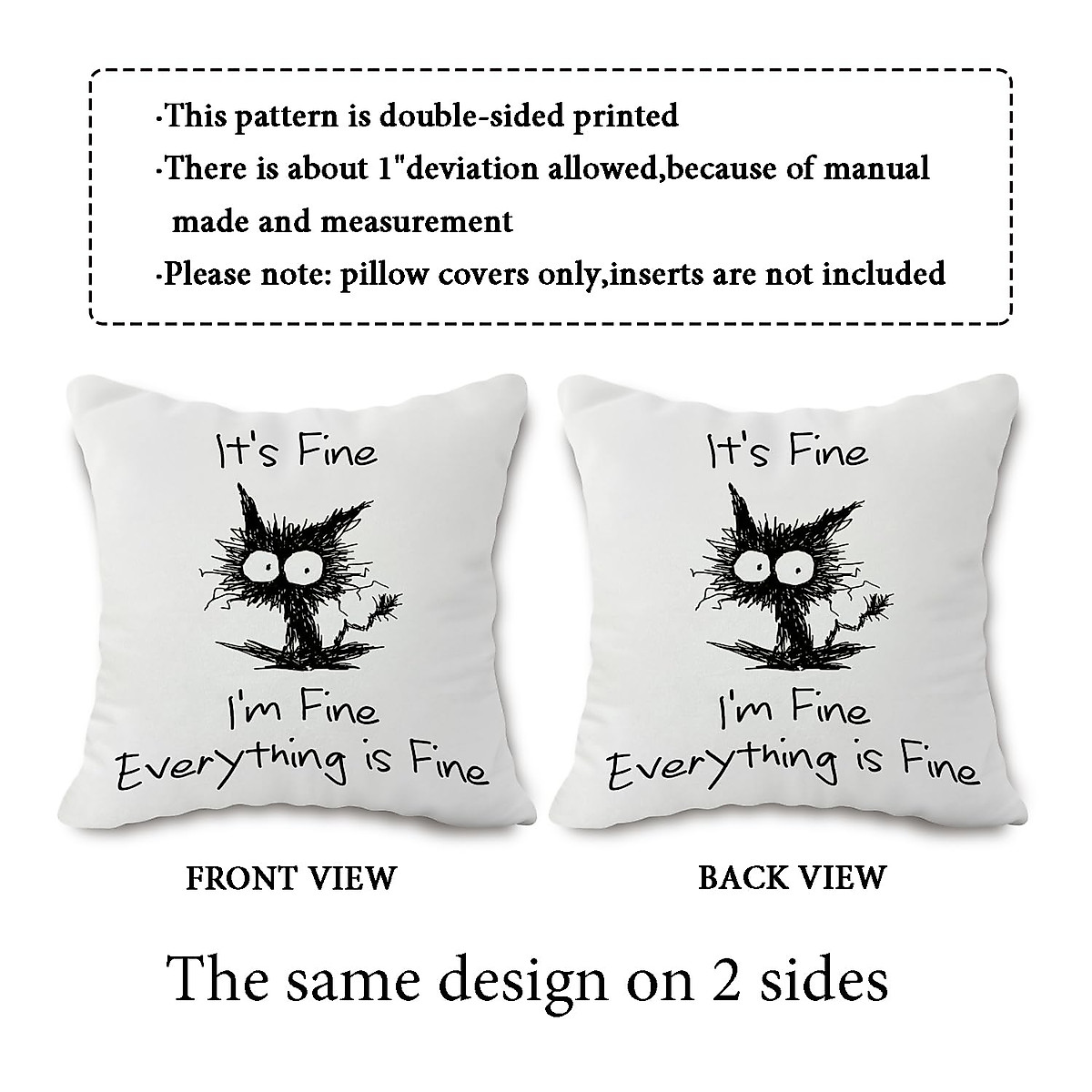 Inspirational Quotes Throw Pillow Cover, Everything is Fine Sofa Home Bed Decor Study Black Cat Couch Case, 18 x 18 Inches Pillowcase Gift for School Office Bedroom Living Room Reading Room -13