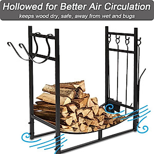 Yorovent 3FT Heavy Duty Firewood Rack,Log Storage Stand Rack With Fireplace Tool Set Removable Kindling Holder,Shovel,Poker, Tongs, Brush,Anti-Rust And All Weather Resistant,For Indoor Outdoor Black