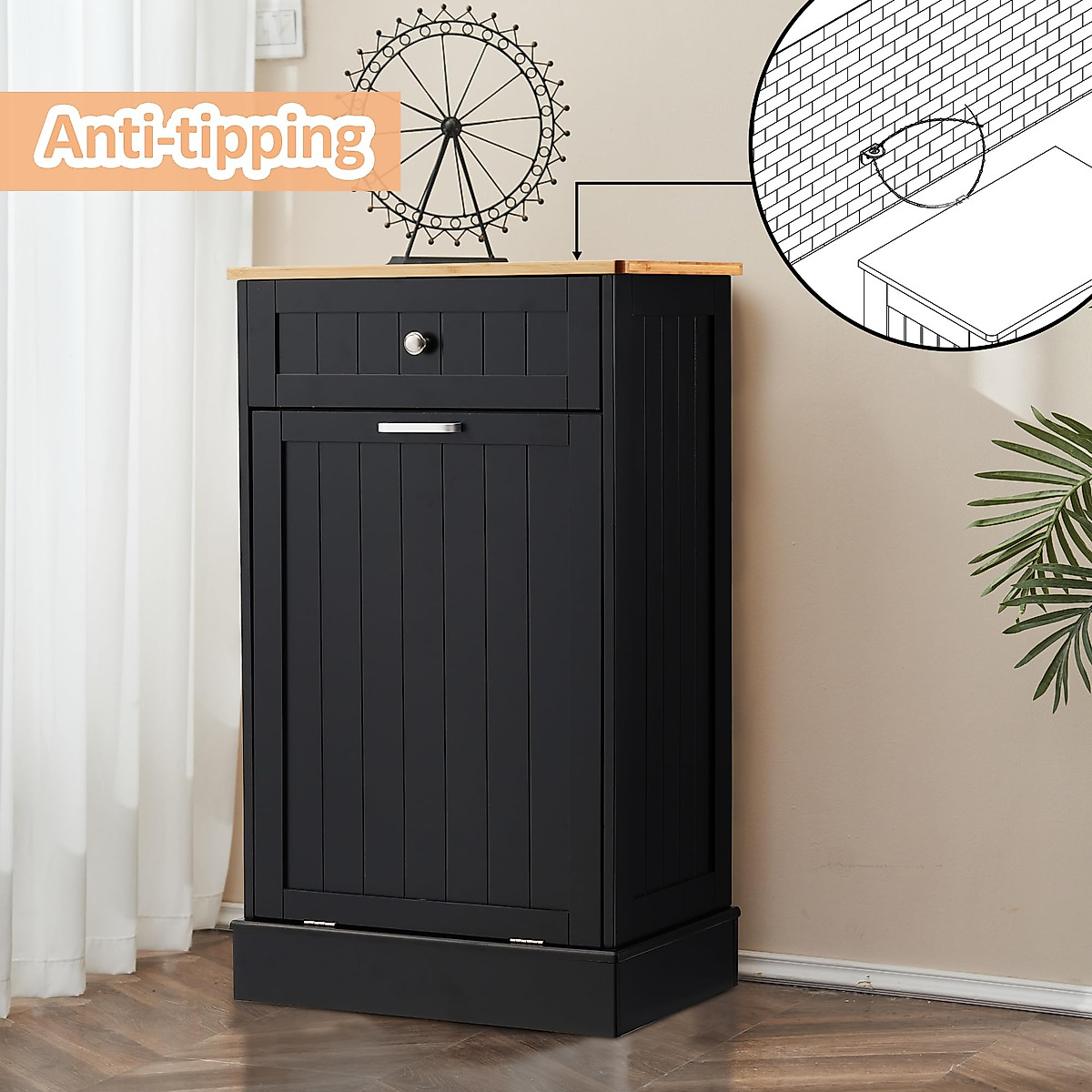 AHB 13 Gallons Tilt Out Trash Cabinet, Hidden Trash Can Kitchen Wooden Tilt Out Pet Proof Hidden Trash Bin for Kitchen Living Room,Black