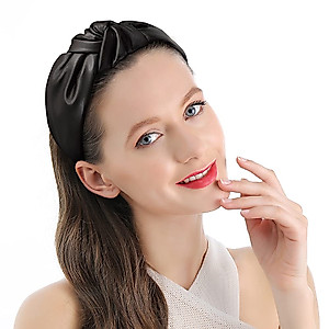 QIANXUAN Wide Hair Bands for Women - Black Cloth Headband and Leather Headbands with Tie for Glam Girl Fashion (2Pcs Pu Artificial Top Knot)