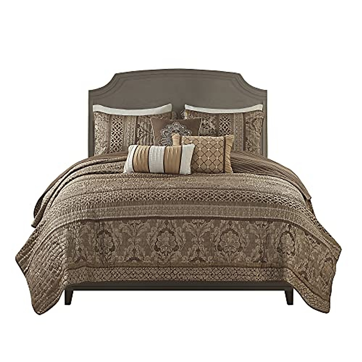 Madison Park Quilt Traditional Damask Design All Season, Lightweight Coverlet Bedspread Bedding Set, Matching Shams, Pillows, King/Cal King(104"x94"), Bellagio, Jacquard Brown/Gold 6 Piece (MP13-369)