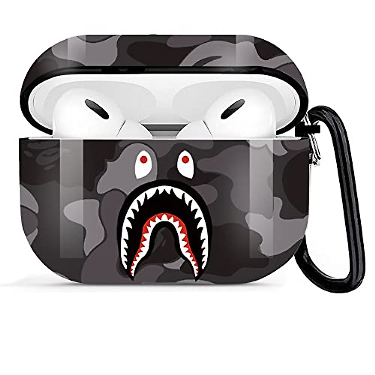 Shark Teeth Softshell Silicone Camouflage Airpods Case, IMD Case Shockproof Case Skin with Key Ring, Suitable for Apple Airpods Pro (Black)