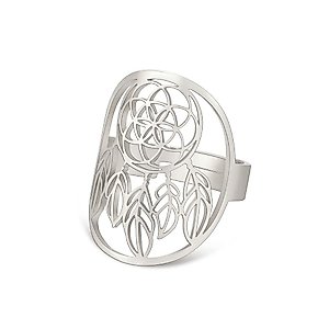 Dreamtimes Dream Catcher Ring for Women Fashion Hollow Out Dream Rings Stainless Steel Adjustable Finger Rings Feather Forest Leaf Rings Tassel Bohemian Retro Ethnic Rings