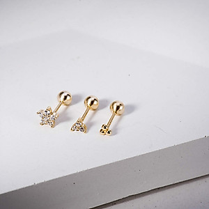 Set of 3 Single Studs in Sterling silver 925 Rhodium Plated Small Stud Earrings Set | Screw Back Studs | Tiny Cartilage Earring | Second Hole Earring | Tiny Three Spheres Three Stone Cluster Flower CZ