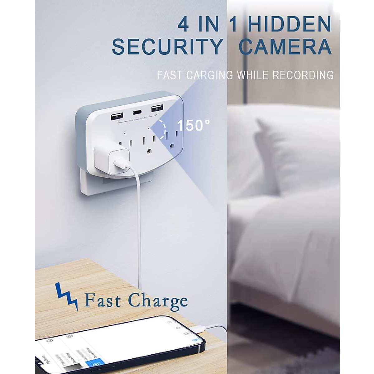 Phouqtem Hidden Camera WiFi Spy Camera Hidden Cameras Wall Charger Nanny Cam with USB Fast Charger Outlet HD 1080P Wireless for Home Security Secret Camera Charging Port with Video