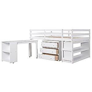 BIADNBZ Full Size Low Loft Bed with Rolling Portable Desk, Cabinet and Shelves, Multiple Functions Pine Wood Bedframe for Kids Teens Bedroom Dorm, Space Saving, White