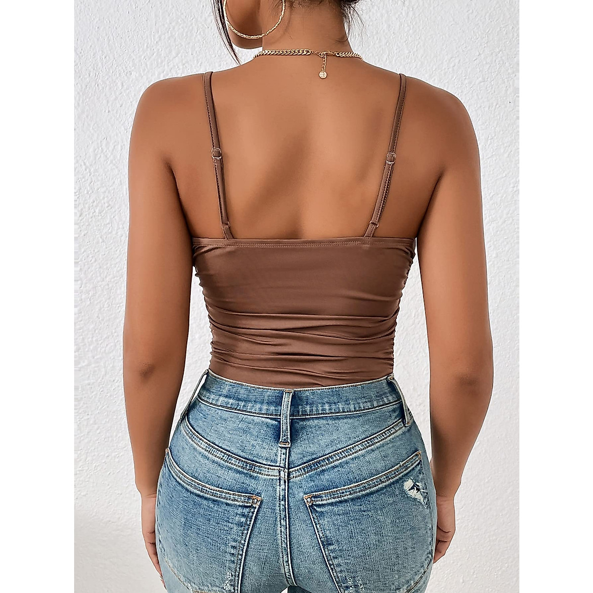 SOLY HUX Women's Sexy Ruched Bust Tie Knot Front Cami Top Sleeveless Backless Slim Fit Camisole Solid Brown L