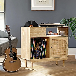 Vintage Record Player Stand, Vinyl Record Storage Table ,Turntable Stand Record Player Cabinet with Storage, Vinyl Record Player Stand with Rattan Door, Printer Stand with Open Storage Shelves-Natural