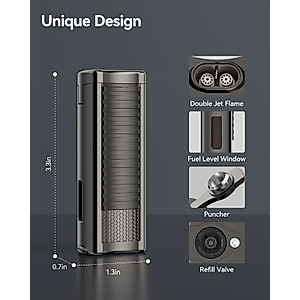 Kollea Torch Lighter, Double Jet Flame Refillable Butane Lighter, Windproof Pocket Lighter with Punch and Stand, Cool Idea Gift for Men (Butane Gas Not Included)