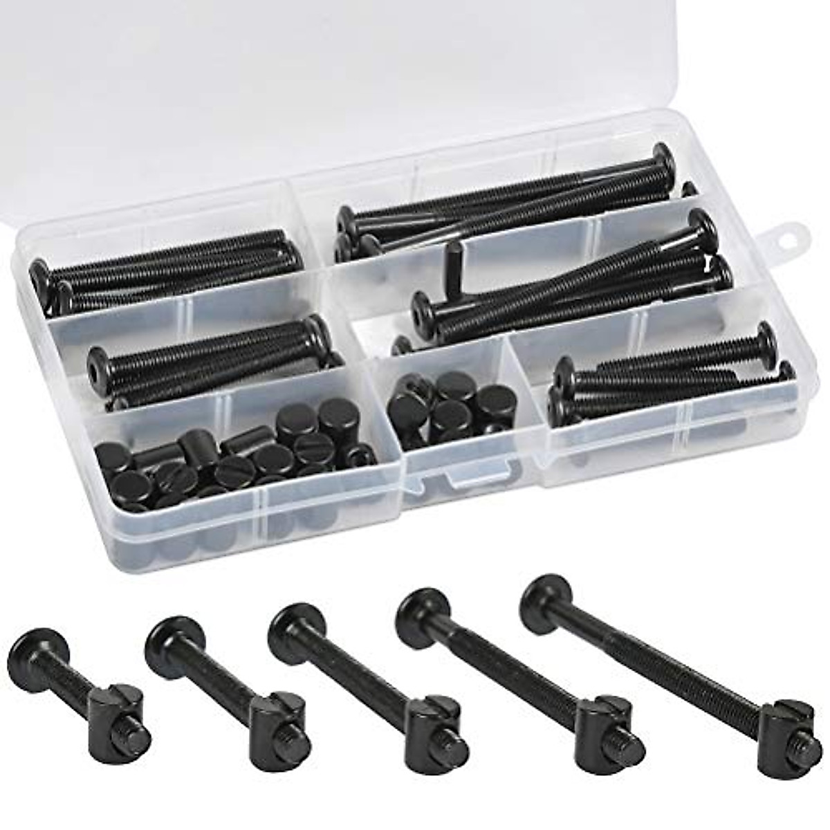 Baby Bed Crib Screws Hardware Replacement Kit, QLOUNI 50Pcs Hex Drive Socket Cap Screws, M6x40mm/ 50mm/ 60mm/ 70mm/ 80mm Barrel Nuts Assortment Kit for Beds Headboards Chairs Furniture (Black)