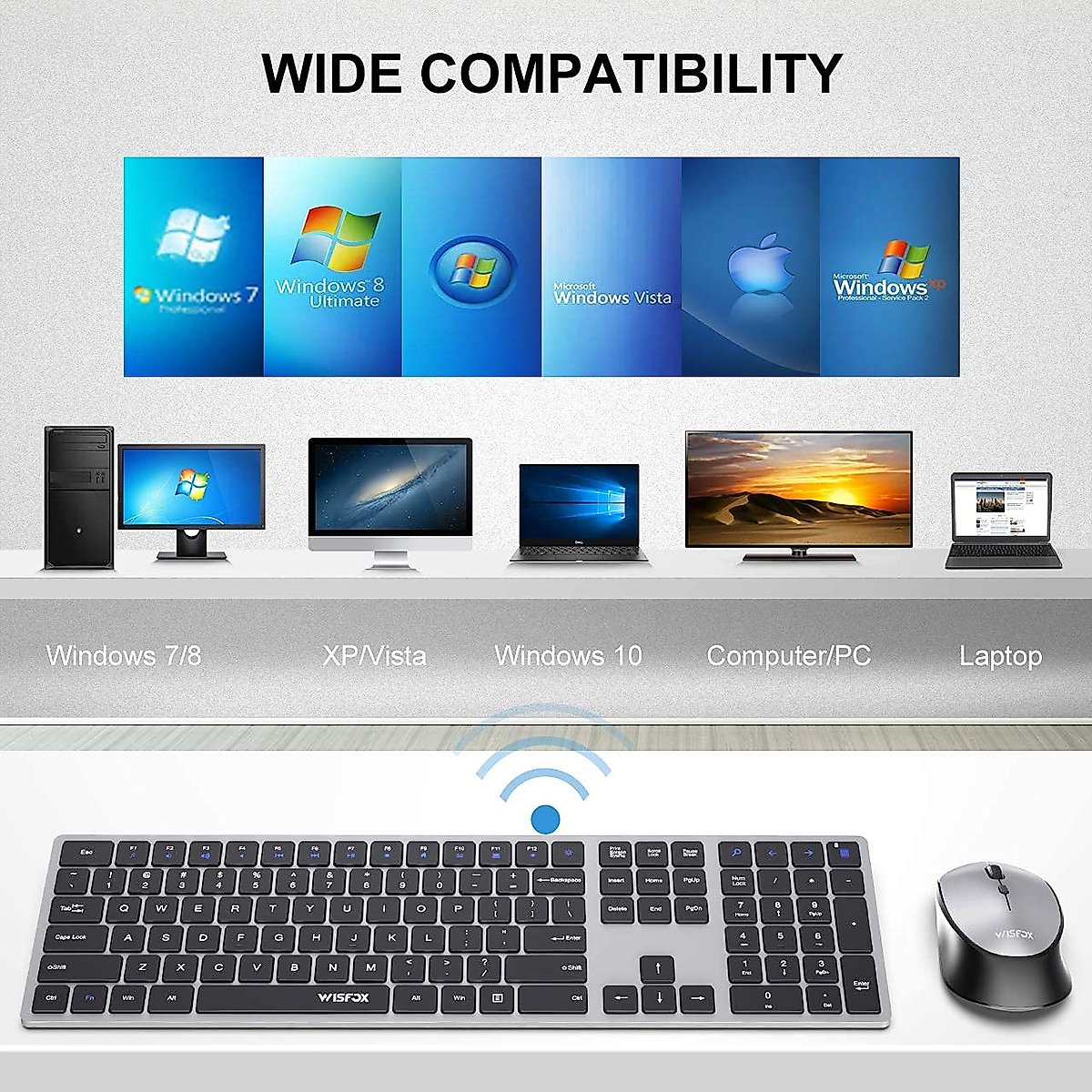 Wireless Keyboard and Mouse Combo, WisFox 2.4G Full-Size Slim Thin Wireless Keyboard Mouse for Windows, Computer, Desktop, PC, Laptop Mac (Silver and Gray)