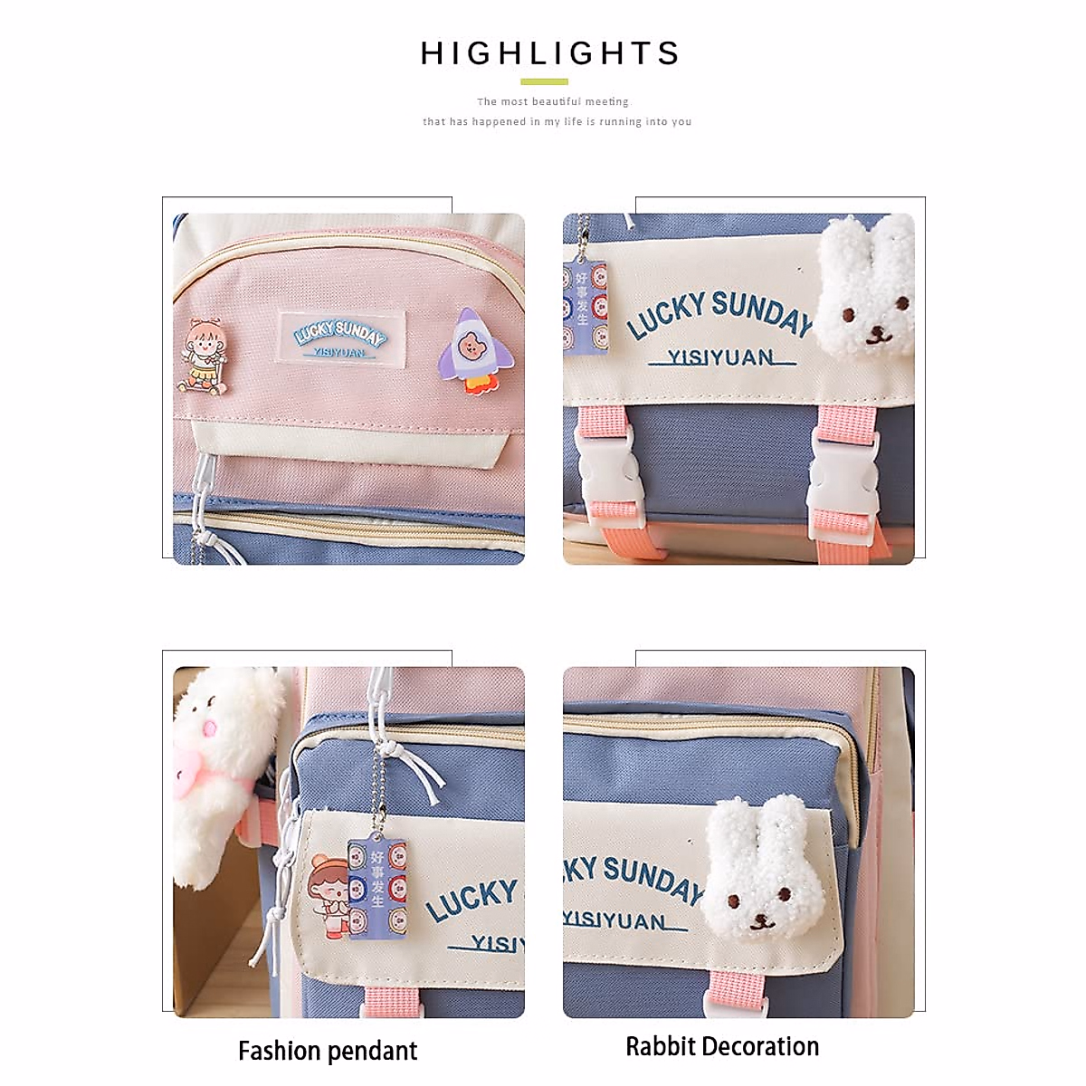 MWZING 5 Piece Backpack Set kawaii Backpack with Cute Bear Doll and Pins Canvas Backpack Large Capacity Aesthetic Shoulder bag