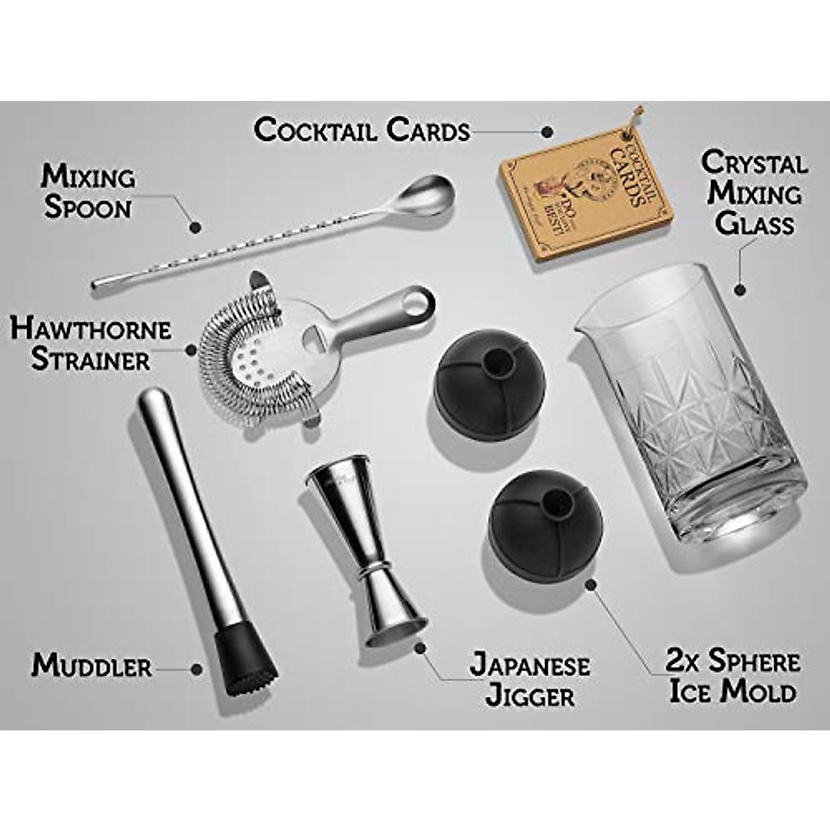 Mixology & Craft Cocktail Set - 7-Piece Bartender Kit - Mixing Glass Set Includes Crystal Stirring Glass (24oz), Japanese Jigger, Spoon, Muddler and Strainer - Bar Accessories and Tools
