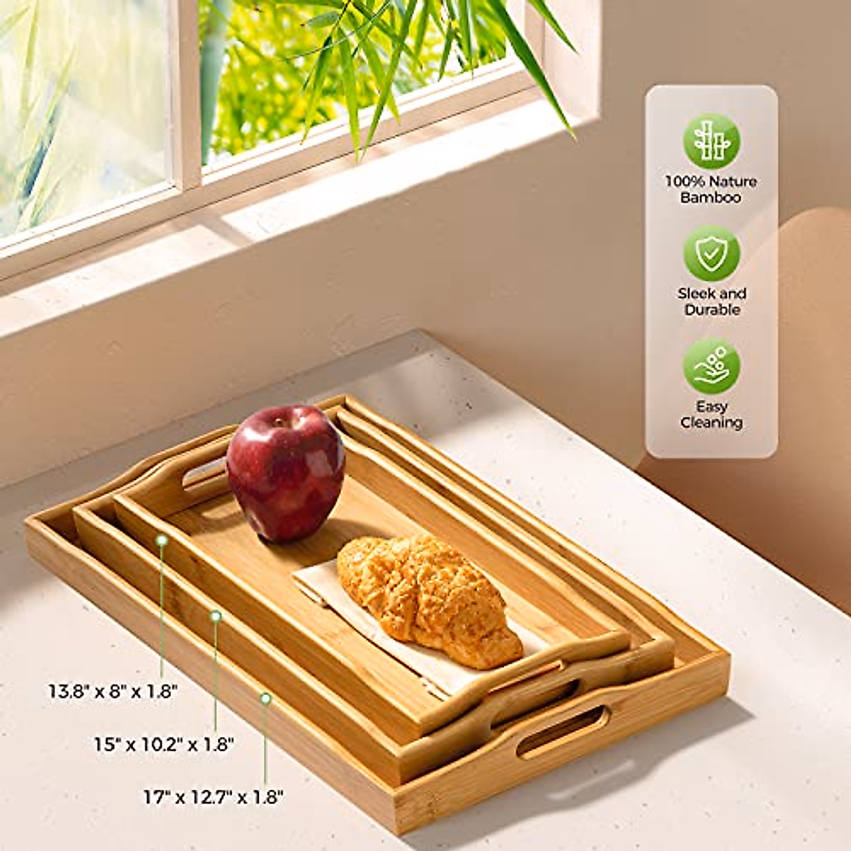 3 Pack Bamboo Serving Tray Food Tray with Handles, Multi-Use Platter Trays Set for Food, Coffee, Breakfast, Tea, Snack, Wooden Decor Tray Used in Kitchen, Dining Room, Party, Restaurants by Pipishell
