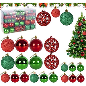100Pcs Christmas Ball Ornaments Sets，Red & Green Christmas Balls Shatterproof Xmas Balls for Christmas Tree Decorations, Assorted Shapes and Sizes Hanging Ball for Holiday Festival Party Event