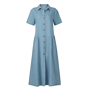 Summer Short Sleeve Sundress Lady Elegant Birthday Midi Baggy Denim Solid Button Lightweight V Neck Dress Women's Blue