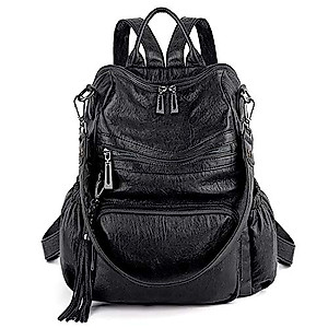UTO Women Backpack Purse Leather Vegan Ladies Fashion Designer Rucksack Convertible Travel Shoulder Bag with Tassel Black