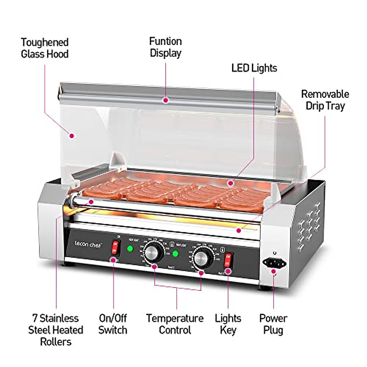 Leconchef Hot dog roller machine Commercial Grade Stainless Steel Electric 24 Hot Dog 7 Roller Grill Cooker Machine with Detachable Glass Cover、Dust cover and LED Lights, 1200-Watts