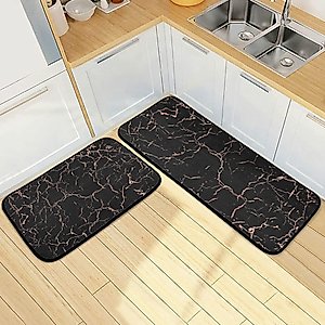 Rose Gold Marble Texture Kitchen Rugs Set 2 Pieces Washable Kitchen Mat Non-Slip Soft Absorbent Microfiber Bath Doormat Carpet Runner Rug Set for Floor Sink 20"x28"+20"x47"