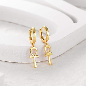 DREMMY STUDIOS Gold Ankh Cross Earrings for Women 14K Gold Plated Ankh Cross Drop Dangle Earrings Egyptian Religious Faith Jewelry for Women Men