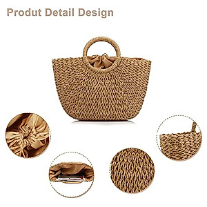 LXXUY Straw Bags for Women, Hand-woven Straw Large Hobo Summer Beach Bag Round Handle Ring Toto Retro Rattan Bag, Coyote Brown, One Size