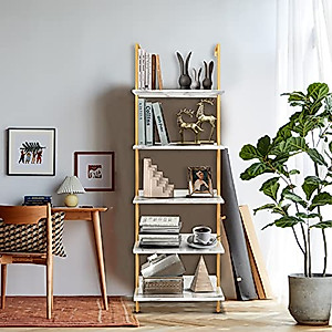 aboxoo Ladder Shelf White Marble Open Bookshelf 5-Tier Wall-Mounted Wood Rack Industrial Modern Plant Flower Stand Utility Organizer Bookcase Metal Frame Furniture Office Kitchen Bedroom