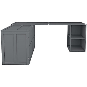 Bellemave Queen Size Murphy Bed with Rotatable Desk, Grey Wooden Cabinet & Workstation, Space Saving Design