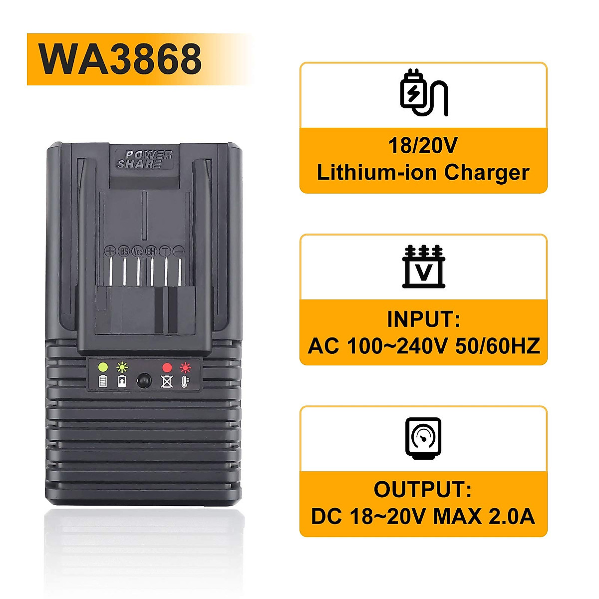 WA3868 18V/20V Quick Charger Compatible with Worx 20V Lithium Battery WA3525 WA3520 WA3578 WA3575 WA3512 Replacement for Worx WA3742 WA3732 WA3875 WA3847 WA3881 Charger