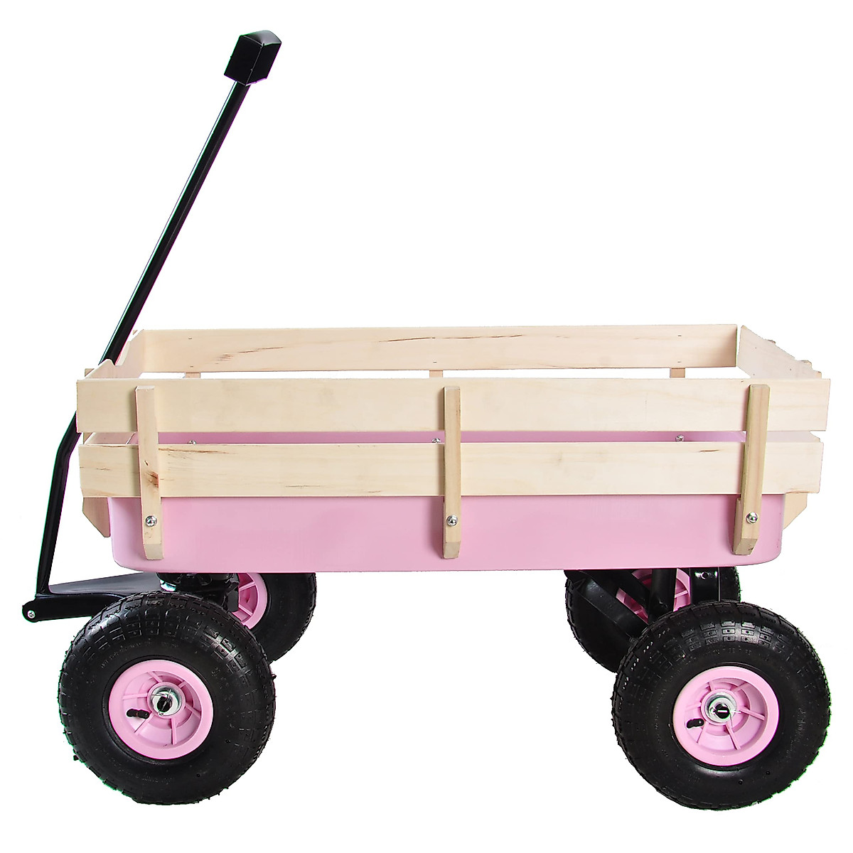 ZeHuoGe Pink Outdoor Sport Wagon All Terrain Pull with Removable Wooden Side Panels, 10-Inch Pneumatic Tires, Extra-Long Handle Folds Under for Easy Storage