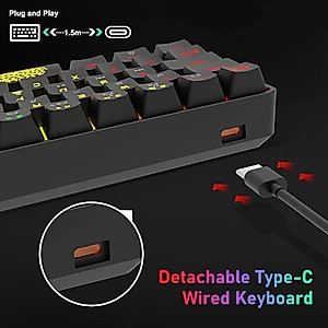 60% Compact Type c - Usb Wired Mechanical Keyboard UK, Blue Switch, RGB Backlit Rainbow LED, Anti-Ghosting, Media Keys, Laser carving, Ergonomic Aesthetic, for Computer PC Laptop PS4 XBOX - Black