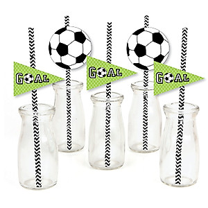 Big Dot of Happiness Goaaal - Soccer Paper Straw Decor - Baby Shower or Birthday Party Striped Decorative Straws - Set of 24