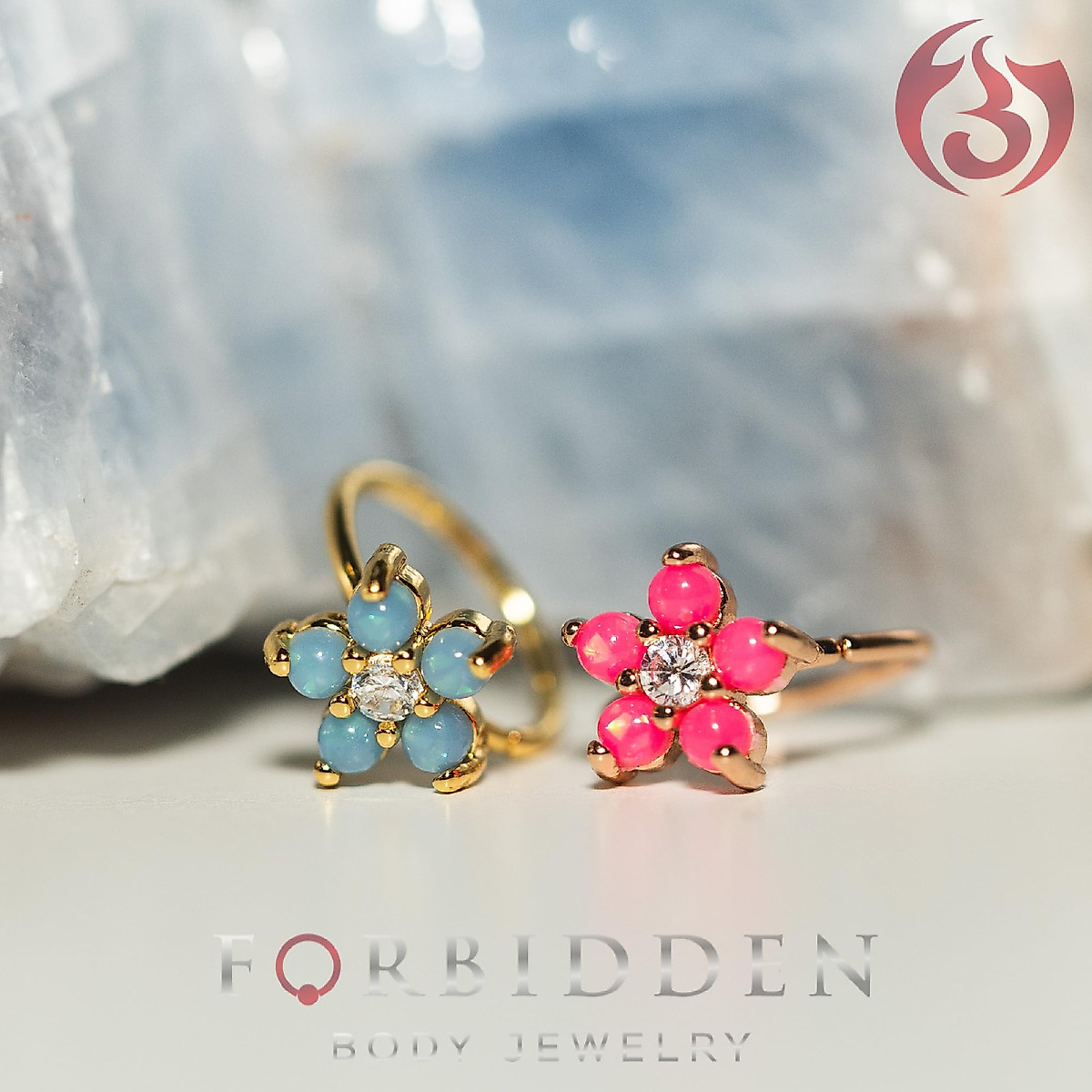 Forbidden Body Jewelry 20g 8mm Surgical Steel Dark Green Opalite Flower and CZ Nose Ring and Cartilage Hoop