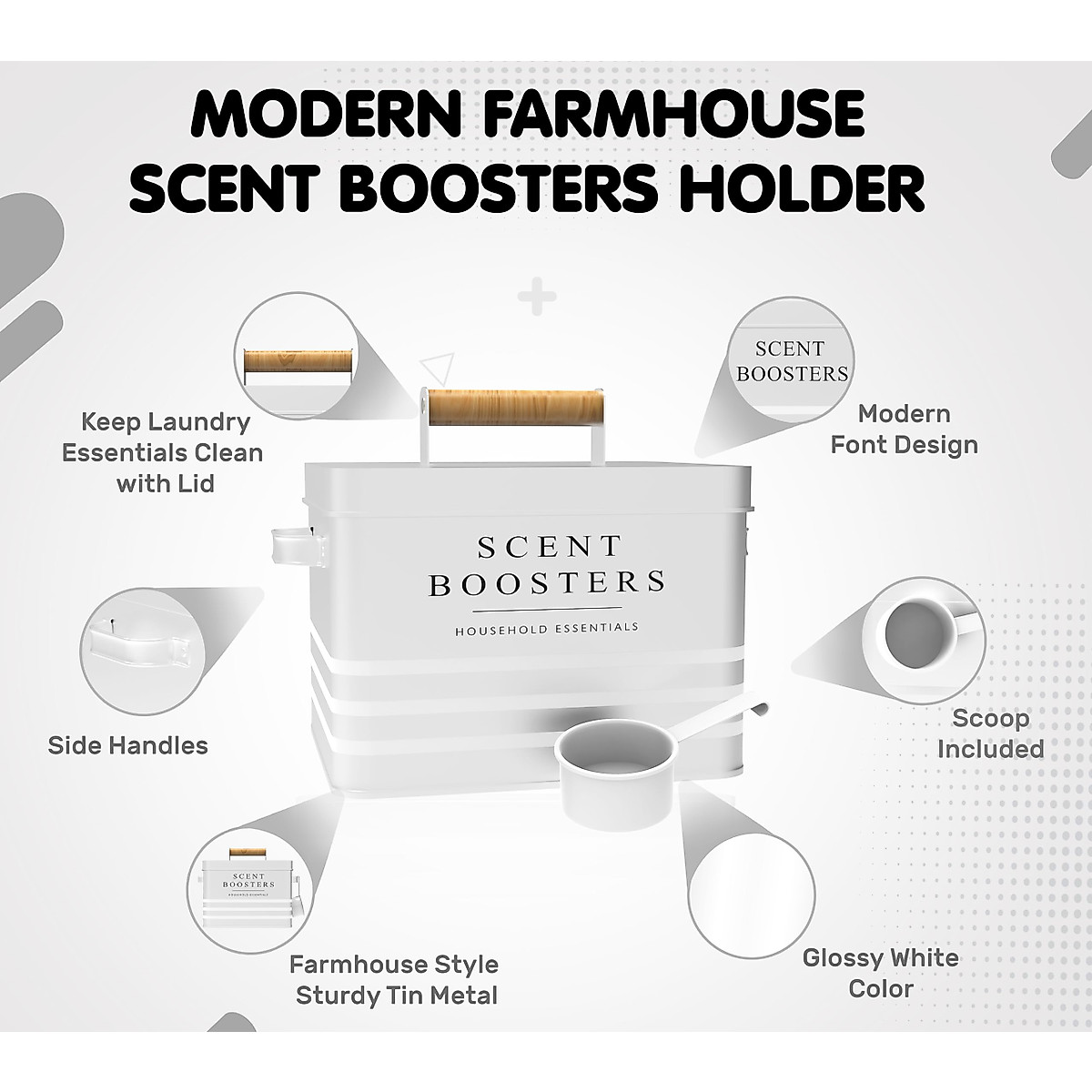KOANEssentials Modern Farmhouse Metal Laundry Scent Boosters Container with Scoop for Laundry Room Organization and Storage, Scent Booster Beads Dispenser, Farmhouse decor, White
