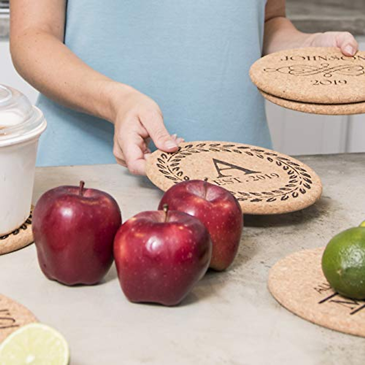 Custom Catch Personalized Cork Trivet Gift - (2) 7" Hot Pads - Monogram Wreath Customizable Trivets for Hot Dishes, Pots, Pans, Baking Sheets, Hot Plates for Table, Countertop, Kitchen
