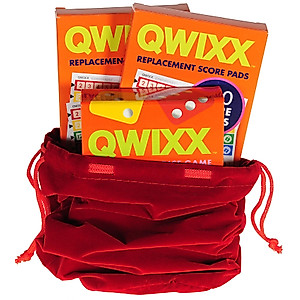 Deluxe Games and Puzzles QWIXX Dice Game, 2 Replacement Scoresheet Packs, RED Velvet Drawstring Pouch, Bundled Items