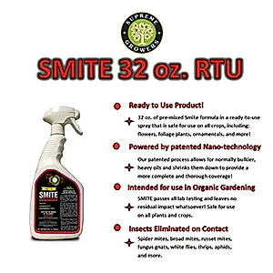 Supreme Growers Smite Spider Mite Killer, All Natural Pesticide, Non-Toxic, Biodegradable, Organic Eco Friendly Pest Control (32oz Ready to Use Spray Bottle)