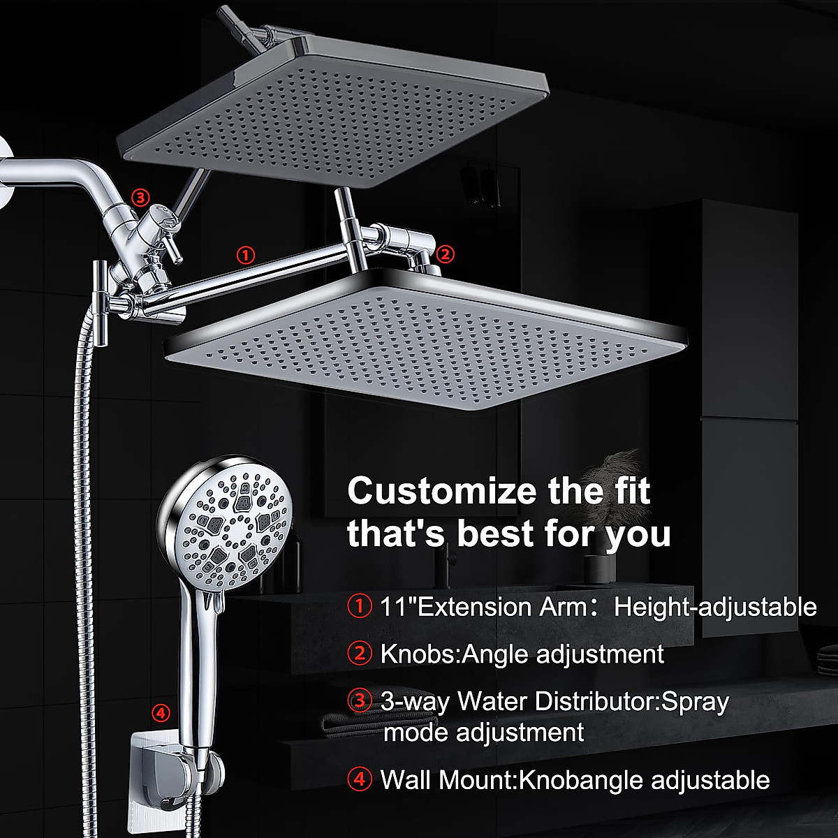 BSTKEECL 14”High Pressure Rain Shower Heads with Handheld Spray with Long Hoes Combo Rainfall Showerhead with 9Shower Water Sprayer Modes & Adjustable Extension Arm CP