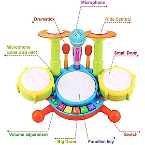 POKONBOY Kids Drum Set for Toddler 1-3, Musical Instruments Learning Toys with 2 Drum Sticks Adjustable Microphone Birthday for Boys Girls 6 12 18 Month (Yellow)