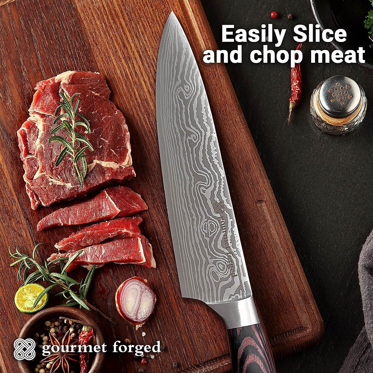 Gourmet Forged ChefDuo Professional 8 inch Chef Knife and 3.5 inch Paring Knife 2 Piece Set Ultra Sharp High Carbon German Steel with Damascus Pattern Ergonomic Pakkawood Handles Gift Box