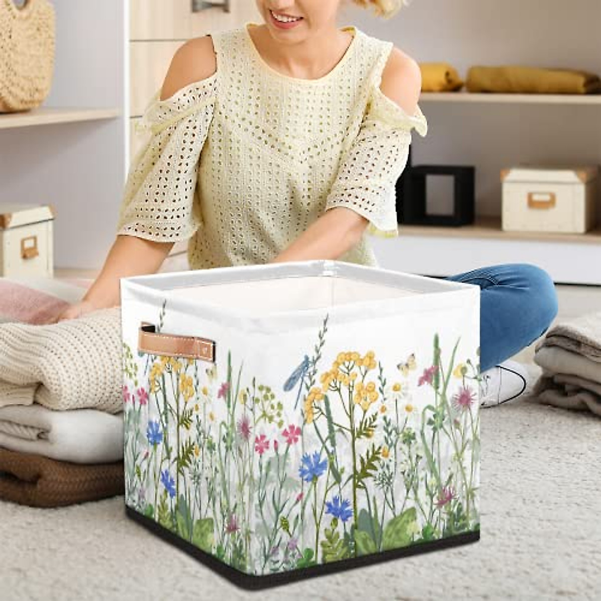 Storage Basket Dragonfly Spring Flower Butterfly Plant Collapsible Storage Bin with Handles Large Canvas Storage Cubes Toy Basket for Shelves Closet Nursery Cabinet Living Room Organizer 13x13x13"