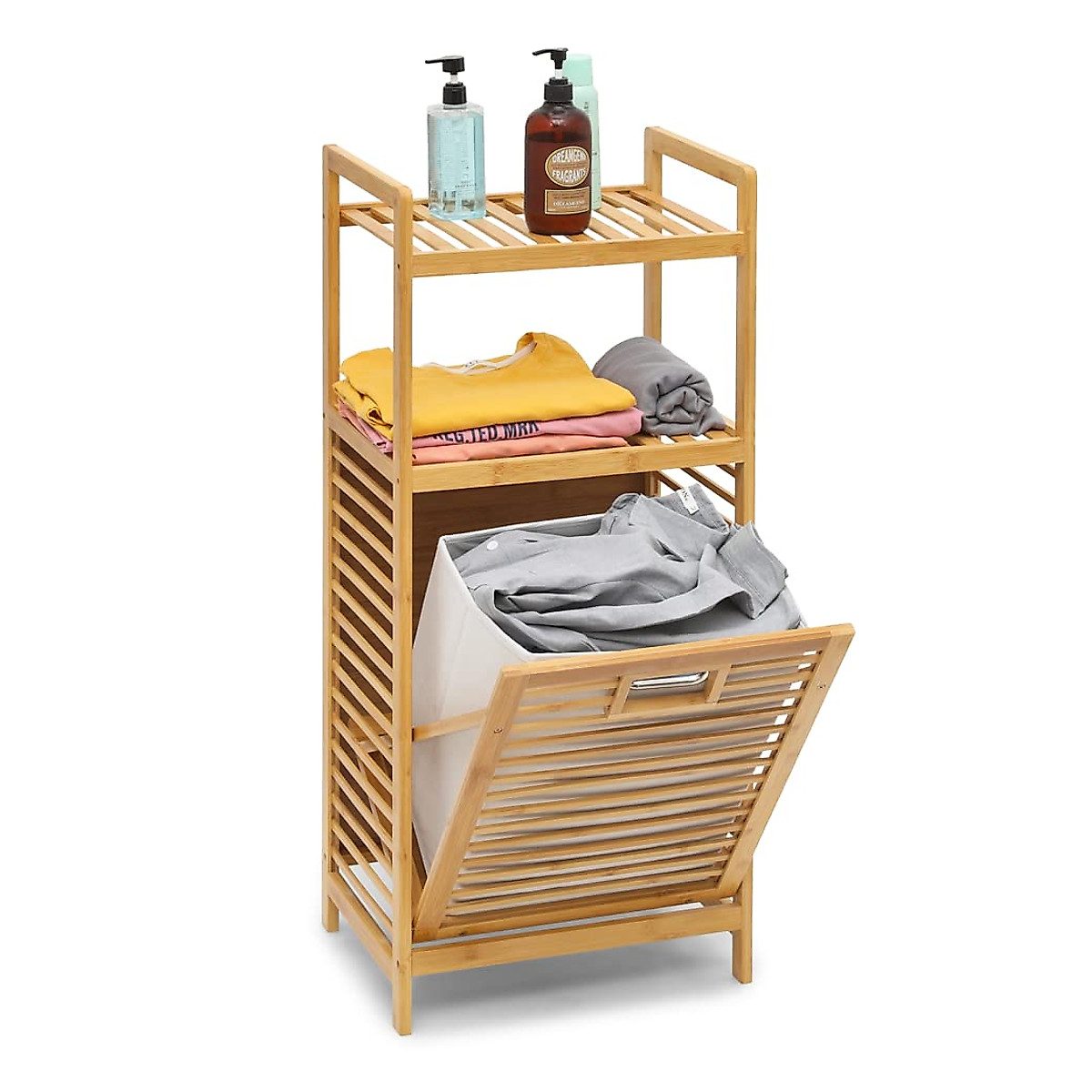 MoNiBloom Tilt-Out Laundry Cabinet with Foldable Hamper, 2-Tier Bamboo Freestanding Storage Cabinet with Basket, 37.5" High Dirty Clothes Bag Shelf for Laundry Room Bathroom Bedroom Closet, Natural