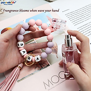 Panny&Mody Silicone Beaded Bracelet Keychain Wristlet,Personalized Keychain Wristlet Key Ring Holder with Zircon Leather Tassel(Pearl+White)