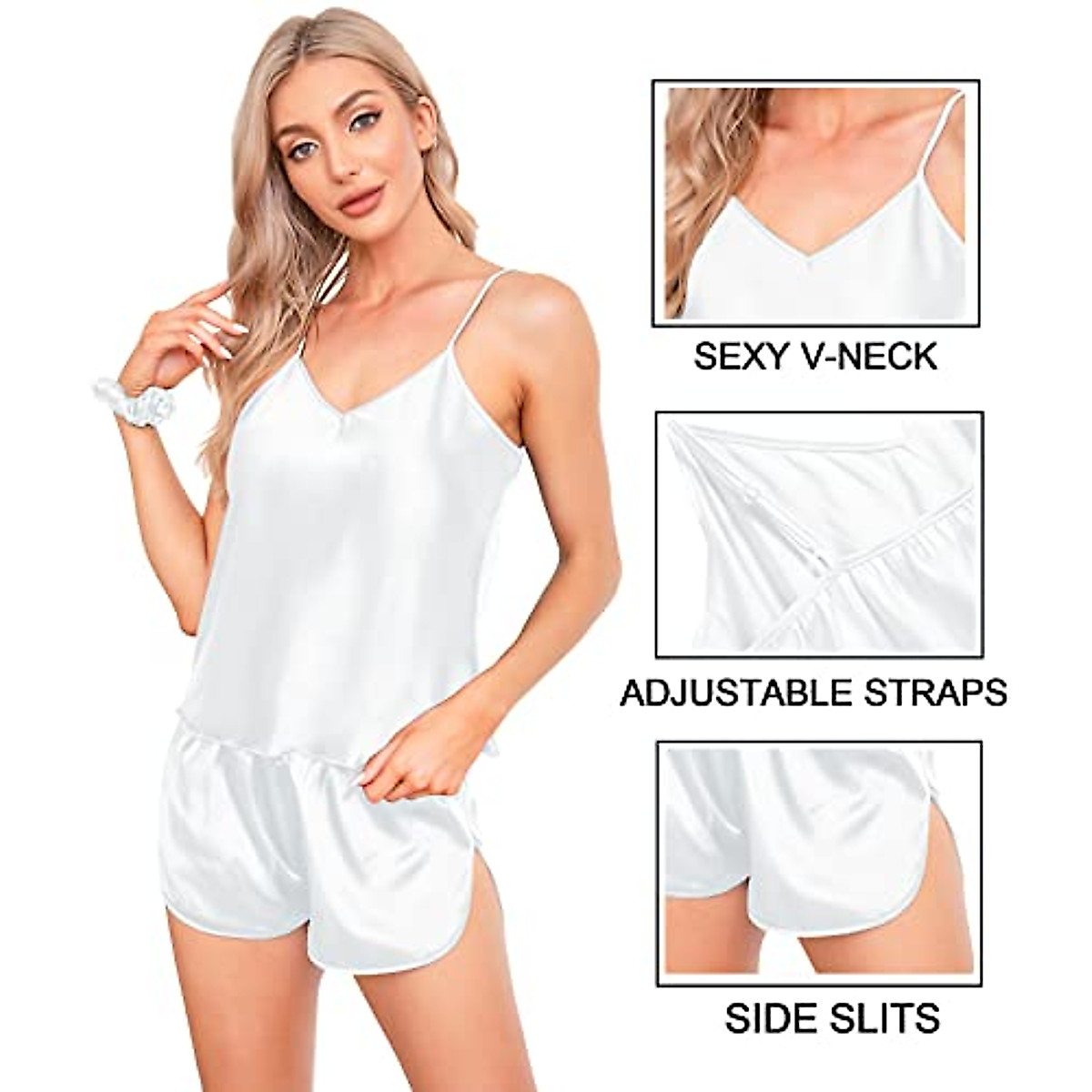 SWOMOG Women's 7 Pcs Silk Satin Pajamas Set Long Sleeve Button Down Sleepwear Cami Shorts Pjs Set with Eye Mask (as1, alpha, x_l, regular, regular, White)