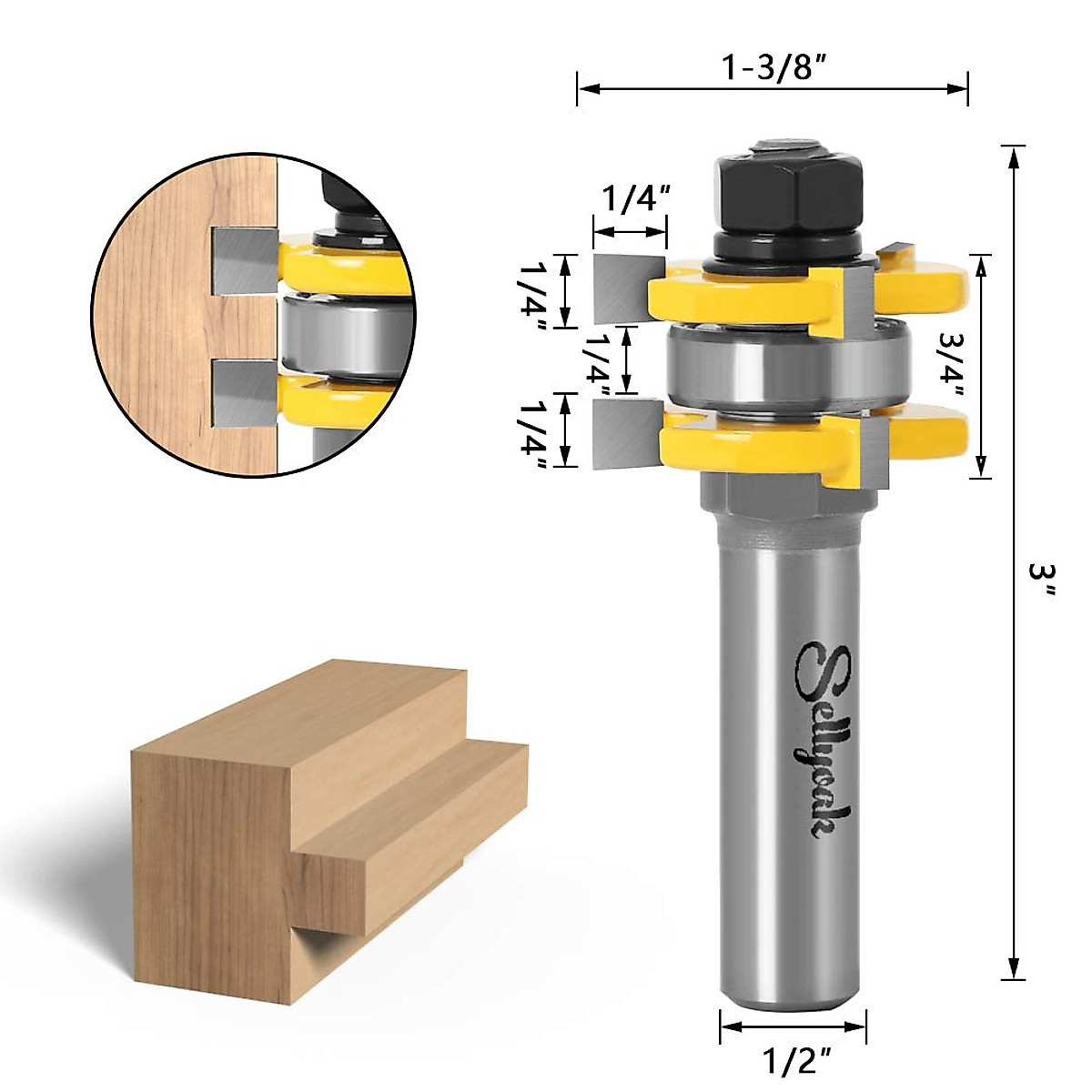 Tongue and Groove Router Bit Set 1/4 shank, SellyOak Tongue Groove Router Bit, 3 Teeth Adjustable T Shape for Doors, Drawers, Shelves & More