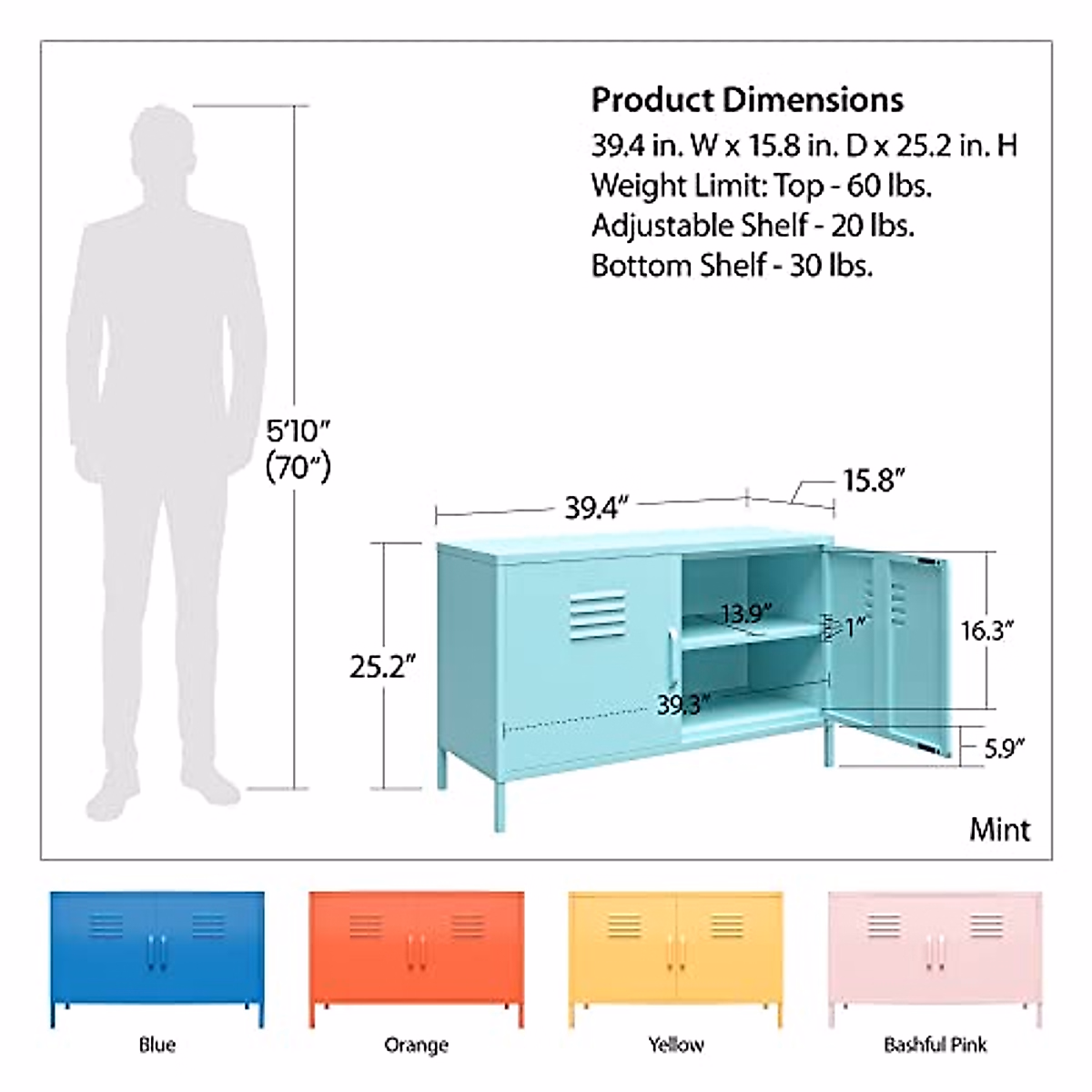 Novogratz Cache 2 Door Metal Locker Accent Storage Cabinet, Orange