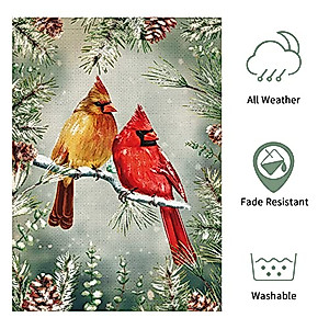 Heyfibro Welcome Winter Garden Flag Cardinal Red Bird Holly Berry Branches Snow Welcome Winter Flags 12x18 Inch Double Sided Burlap Banner for Winter Holiday Christmas Yard Outdoor Decoration(ONLY FLAG)
