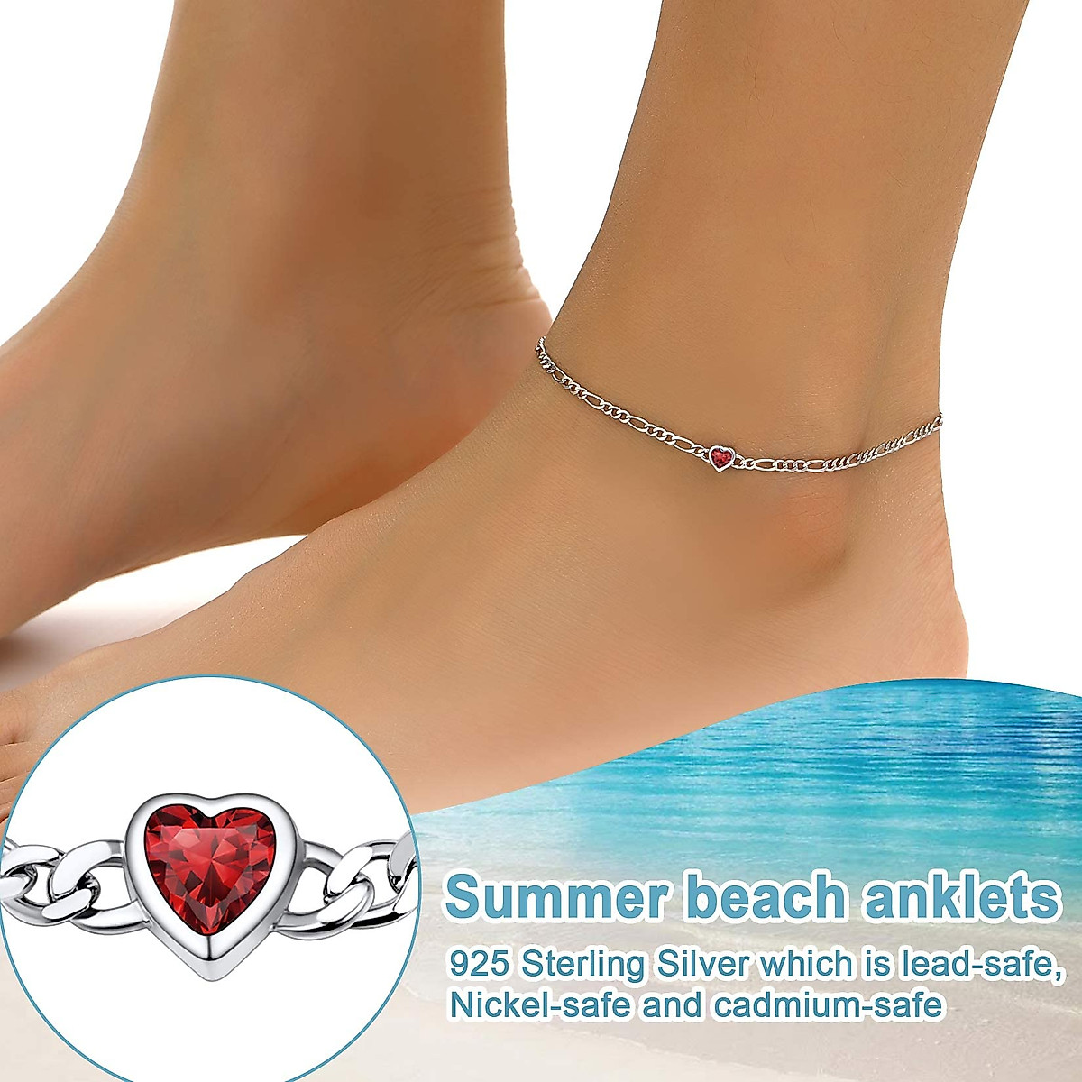 SILVERCUTE April Birthstone Ankle Bracelet 925 Sterling Silver 3mm Chain for Barefoot Figaro Anklets for Women, 8.5"-10.5"