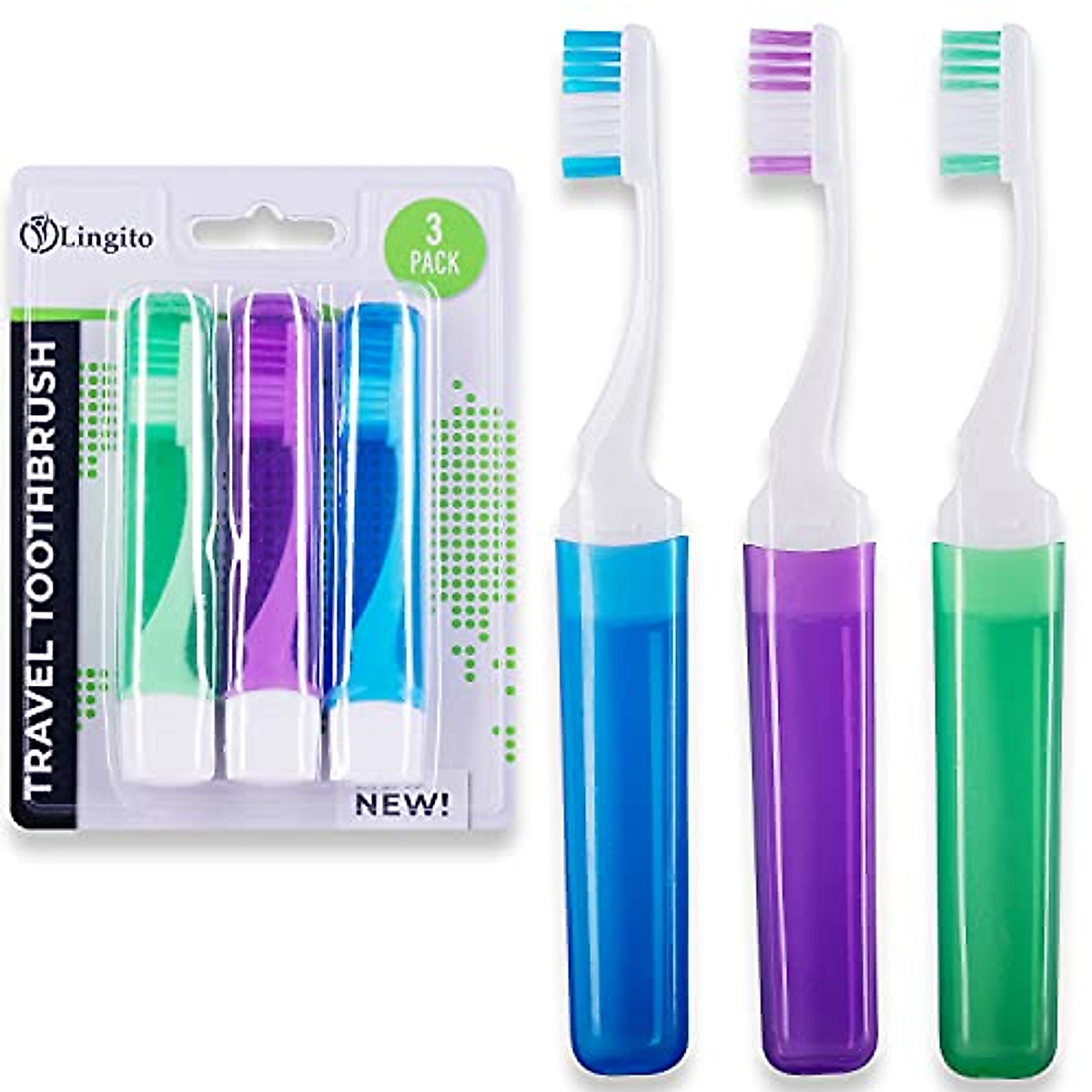 Lingito Travel Toothbrushes, Mini Toothbrush with Toothbrush Cover, Camping Toothbrush, Travel Size Toothbrush with Toothbrush Case Portable Toothbrush, Adults Travel Toothbrush Kit (Adult, 3)