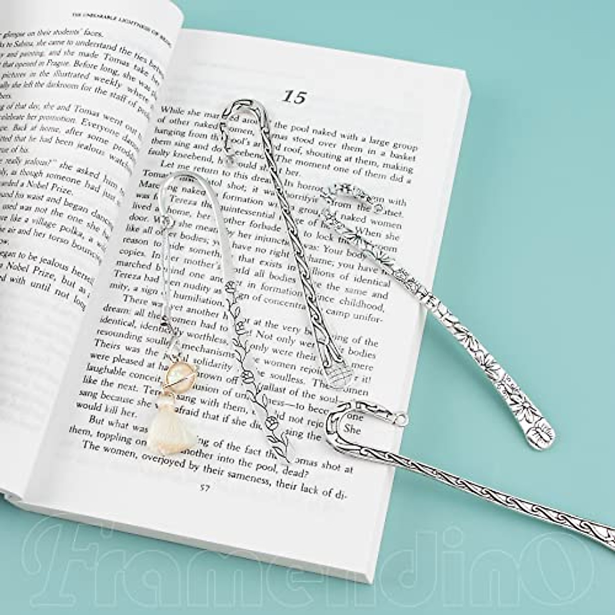 Framendino, 12 Pack Metal Bookmark Hairpin Hook Antique Tibetan Silver Carved Hook Bookmarks with Loop for Crafting